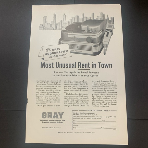 Accents | Vintage 1956 Gray Audograph Most Unusual Rent Ad ...